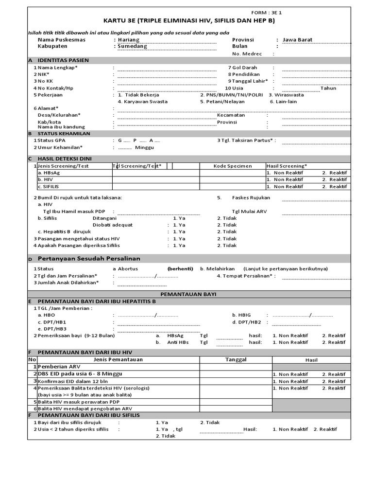 Kartu 3E (Triple Eliminasi Hiv, Sifilis Dan Hep B) : A Identitas Pasien | PDF