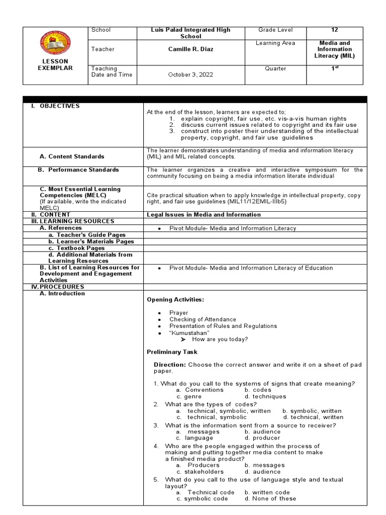 DLessonPlan WEEK 6 Media and Information Literacy | PDF | Intellectual ...