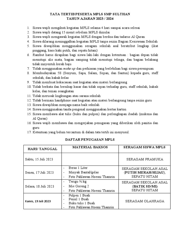Tata Tertib Peserta MPLS SMP Sulthan 2023 | PDF