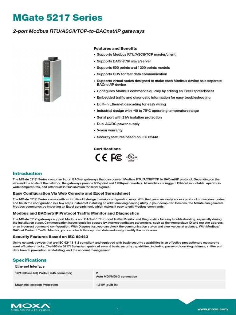 Mgate 5217 Series: 2-Port Modbus Rtu/Ascii/Tcp-To-Bacnet/Ip Gateways | PDF | Port (Computer ...