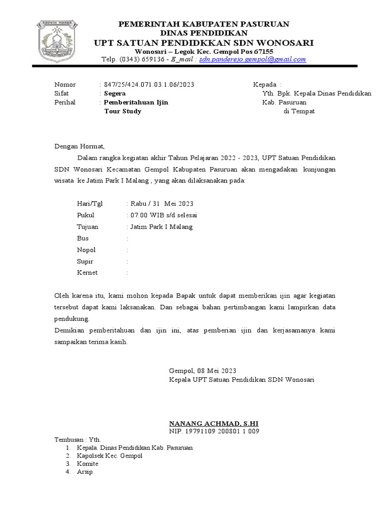 SURAT IZIN Study Tour | PDF