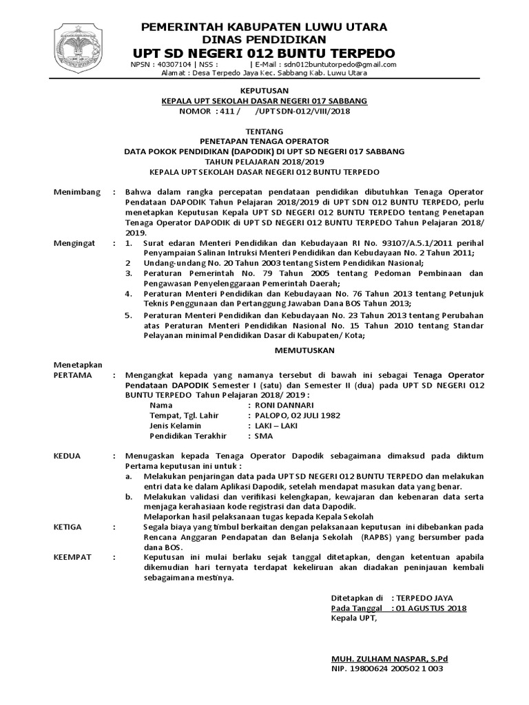 Format SK Operator Sekolah Baru | PDF