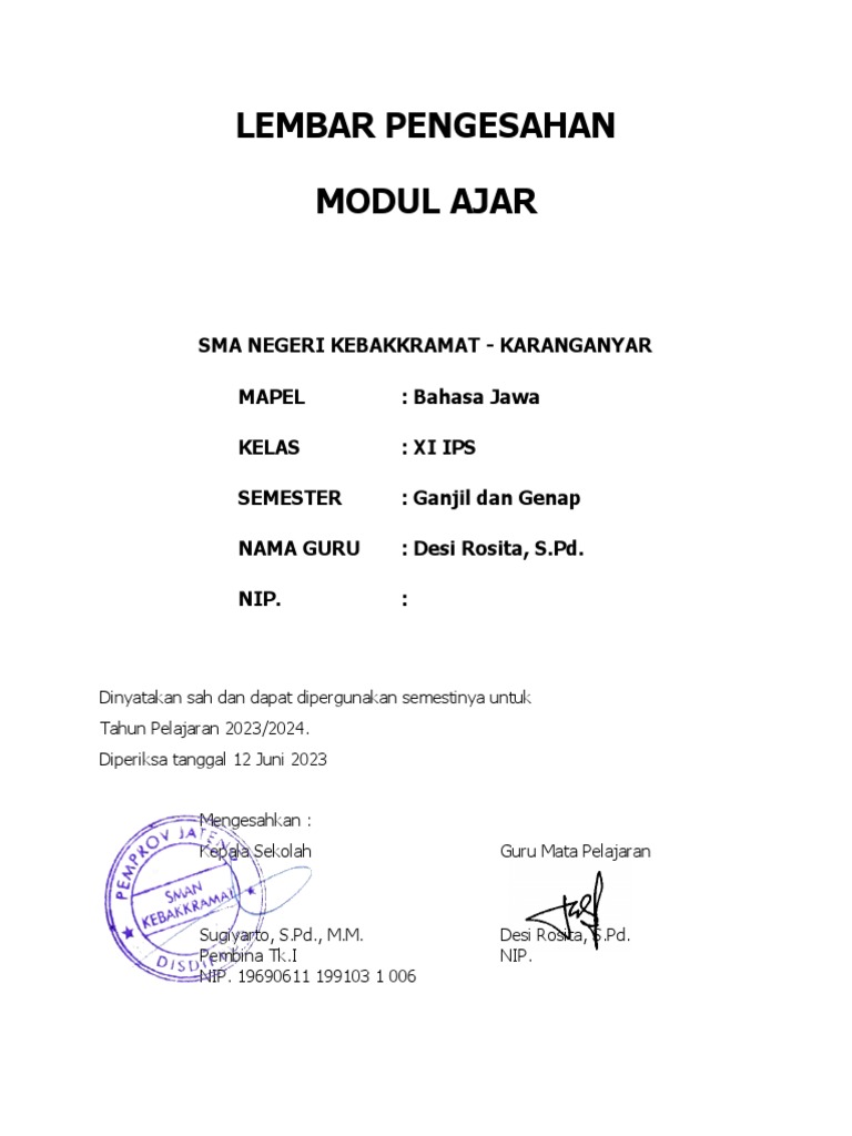 Lembar Pengesahan Modul Ajar | PDF