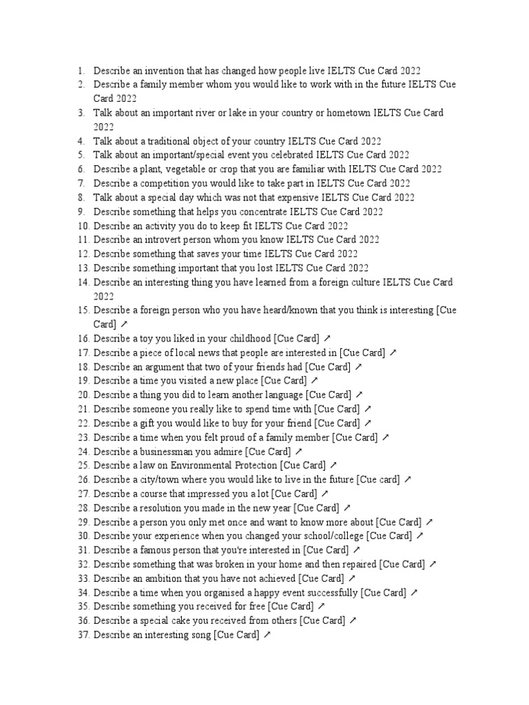 Latest IELTS Speaking Cue Cards 2022 | PDF | Career & Growth | Home ...
