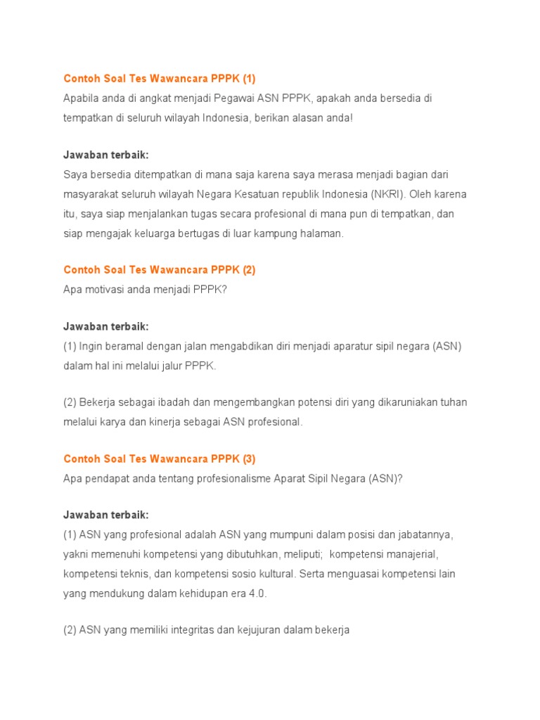Contoh Soal Tes Wawancara PPPK | PDF