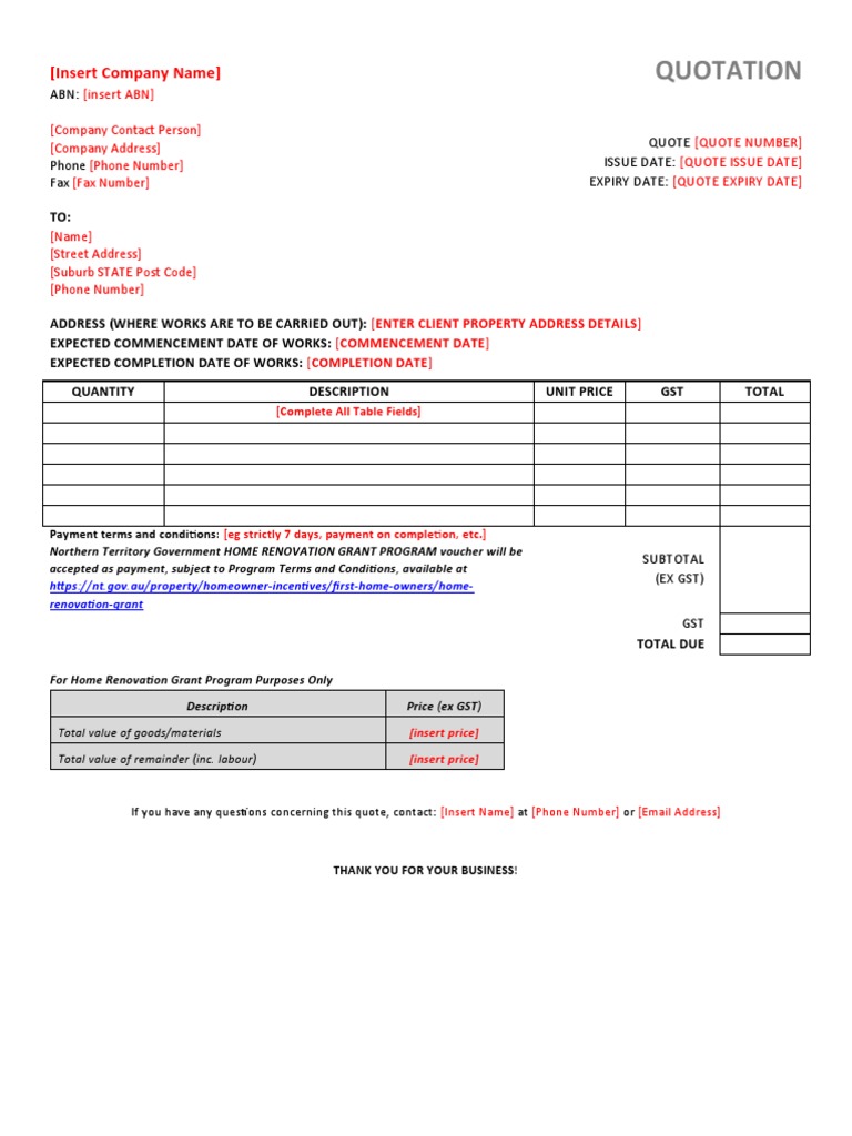 Home Renovation Grant Quotation Template | PDF