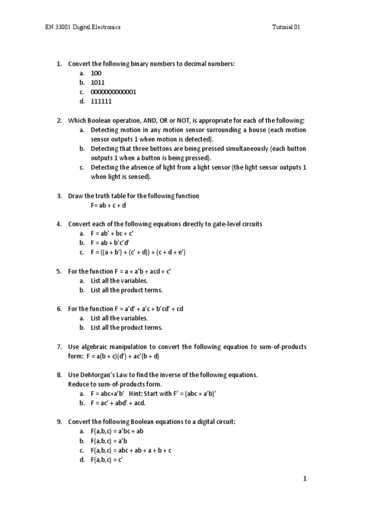 Tutorial 01 | PDF | Boolean Algebra | Teaching Mathematics