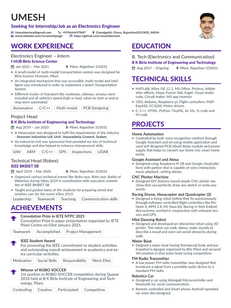 Electronics Engineer Internship Resume | PDF | Radio | Electrical ...