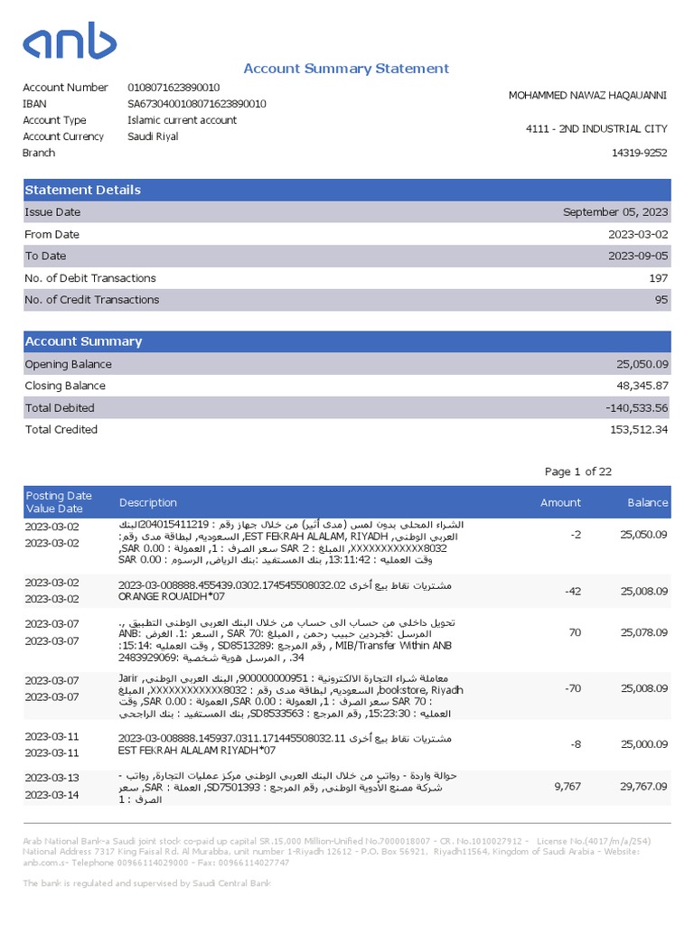 Saudi Bank Statement Summary | PDF