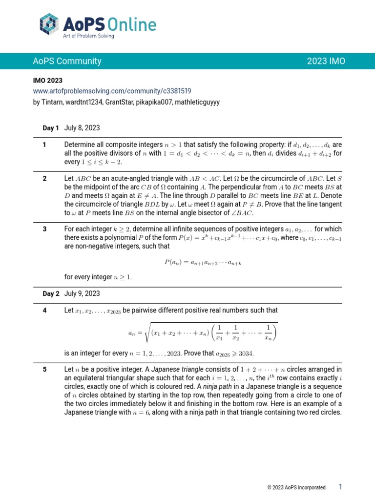 Aops Community 2023 Imo: 1 2 K 1 2 K I I+1 I+2 | PDF