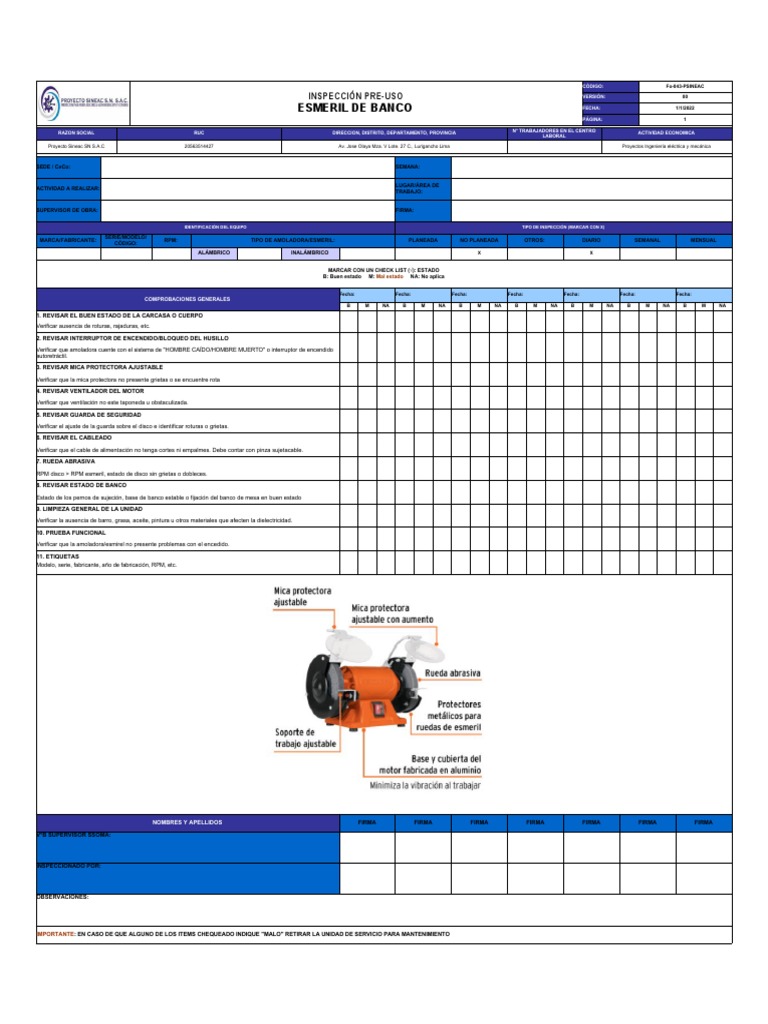 Fo-043-PSINEAC - ESMERIL DE BANCO Rev.00 | PDF Fo-043-PSINEAC - ESMERIL DE BANCO Rev.00 | PDF