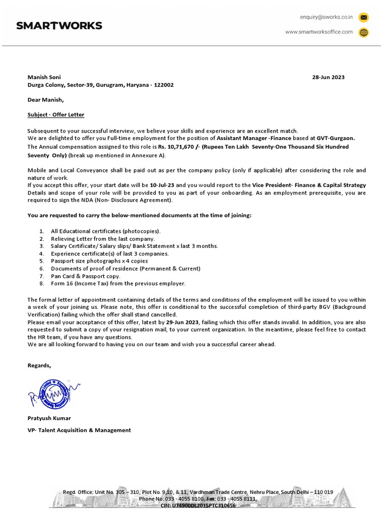 Assistant Manager Finance Offer Letter | PDF | Business | Payments