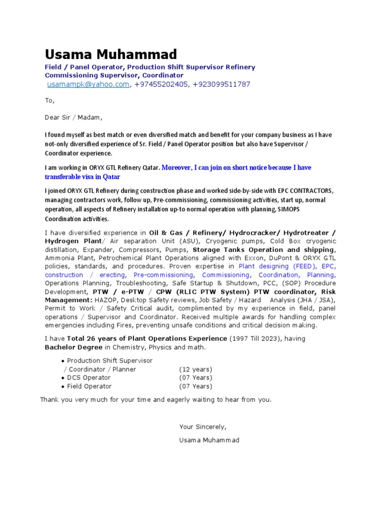 Cover Letter Panel Operator | PDF