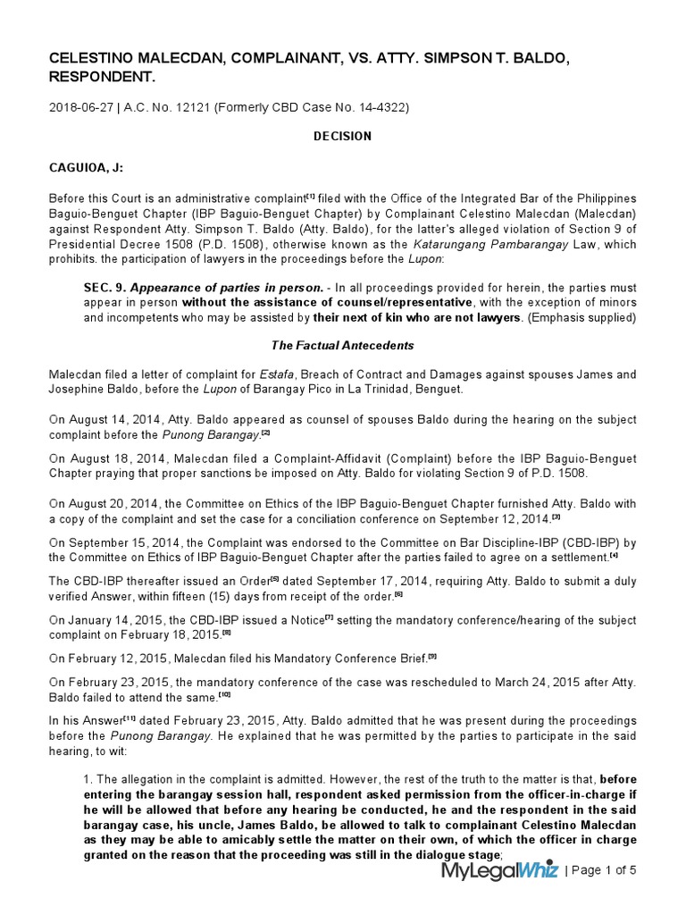 Malecdan Vs Atty Baldo | PDF | Complaint | Statutory Interpretation