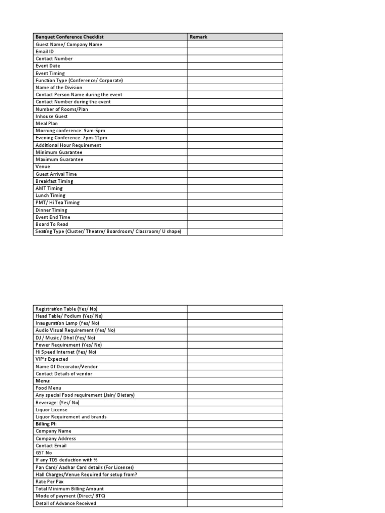 Banquet Conference Checklist | PDF