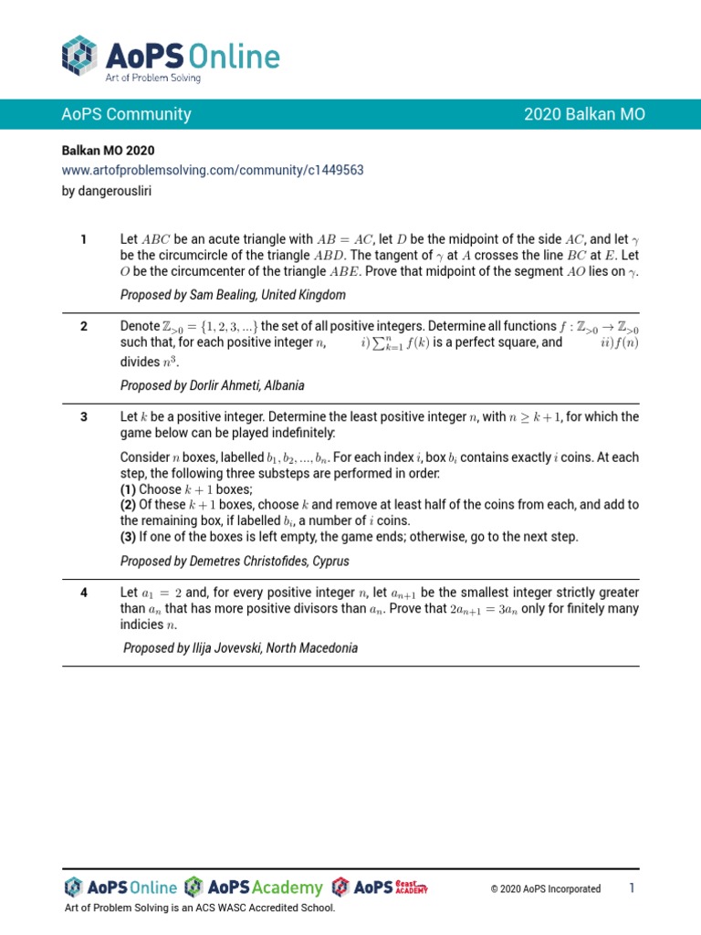 Aops Community 2020 Balkan Mo | PDF