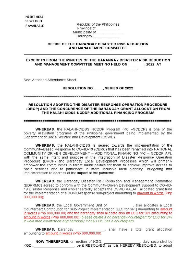 Barangay Disaster Response Resolution | PDF