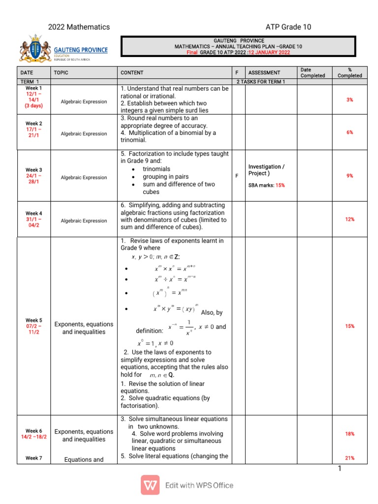 2022 Grade 10 Mathematics ATP Guide | PDF