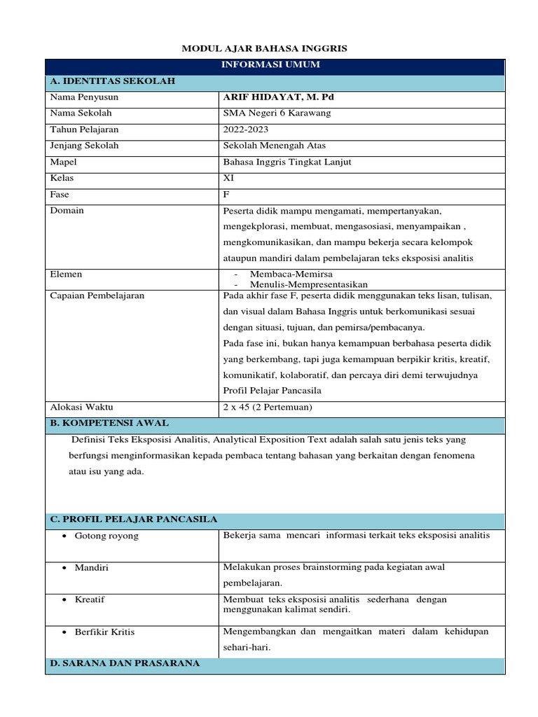 Contoh Modul Ajar | PDF