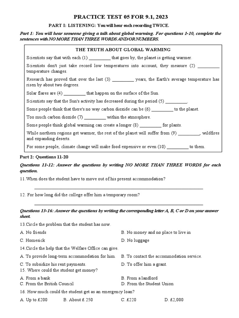 Practice Test 05 For Grade 9.1 | PDF | Climate Change | Sun