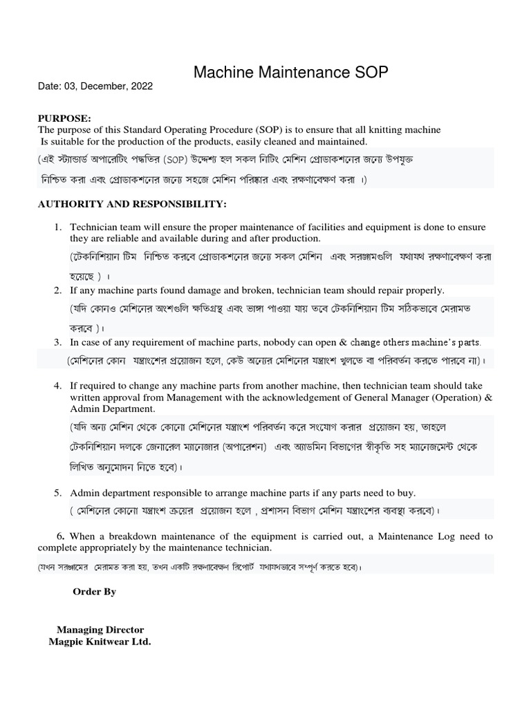 Machine Maintenance Sop | PDF