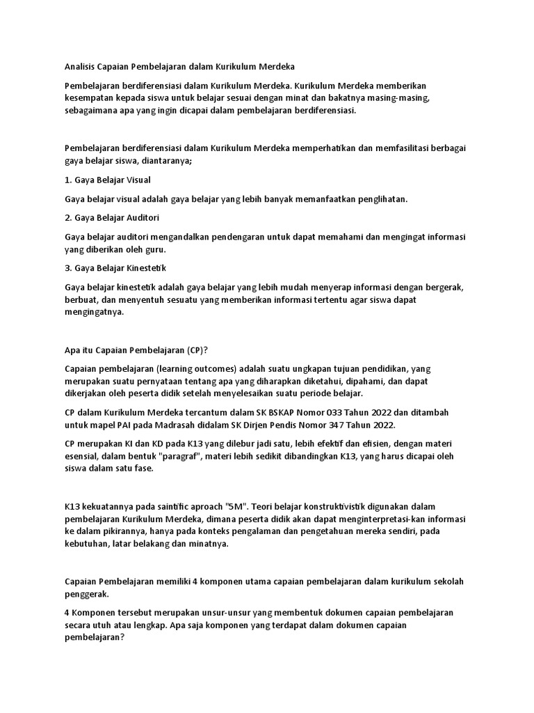 Analisis Capaian Pembelajaran Dalam Kurikulum Merdeka | PDF