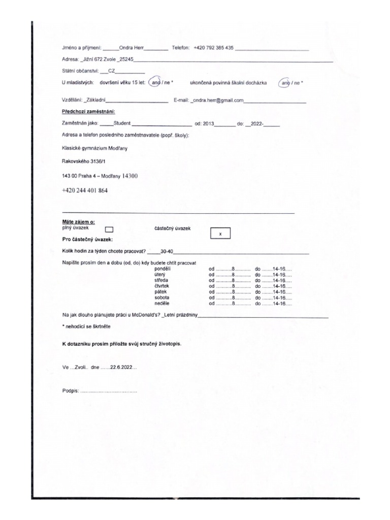 Dotaznik A Zivotopis | PDF