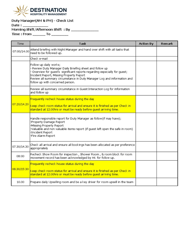 FO - Assist & Duty Manager (AM, PM, Night) Checklist | Download Free ...