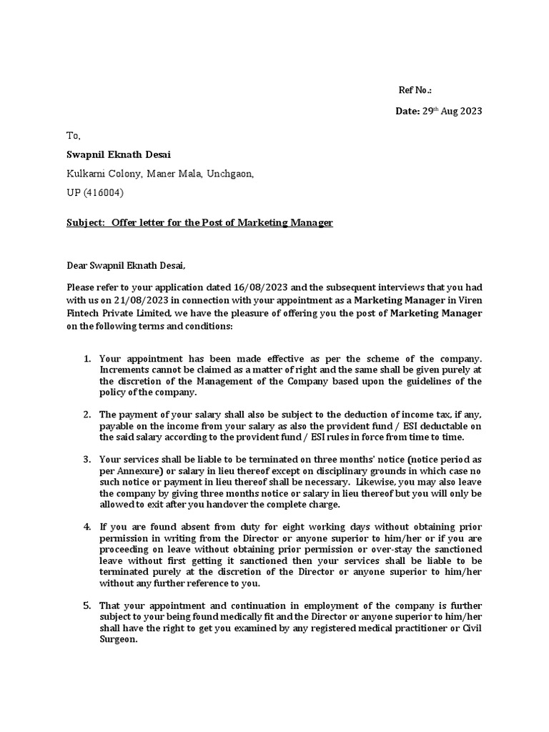 Appointment Letter Format | PDF | Employment | Justice