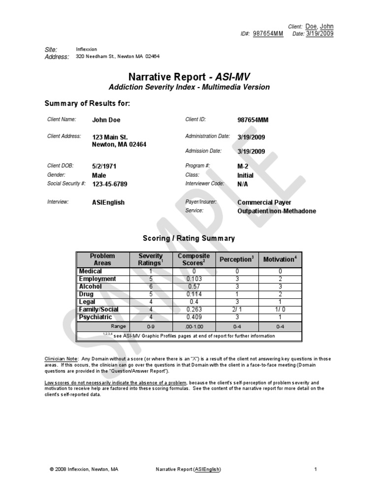 Narrative Adult Sample ReportASIMV | PDF | Welfare | Mental Disorder