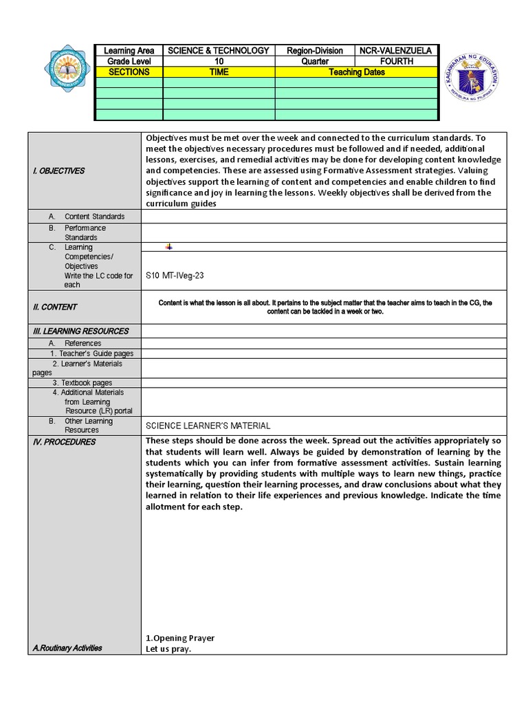 DLL For Class Observation | PDF | Learning | Teachers
