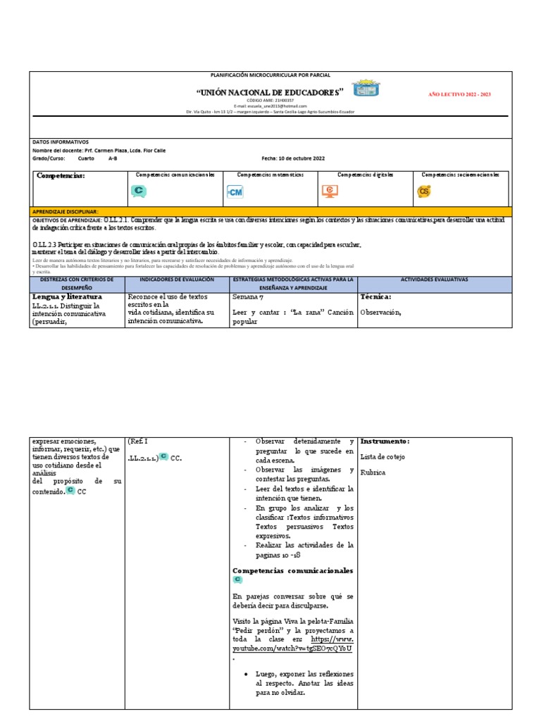 Plan Micro P1 - LL | PDF | Evaluación | Aprendizaje