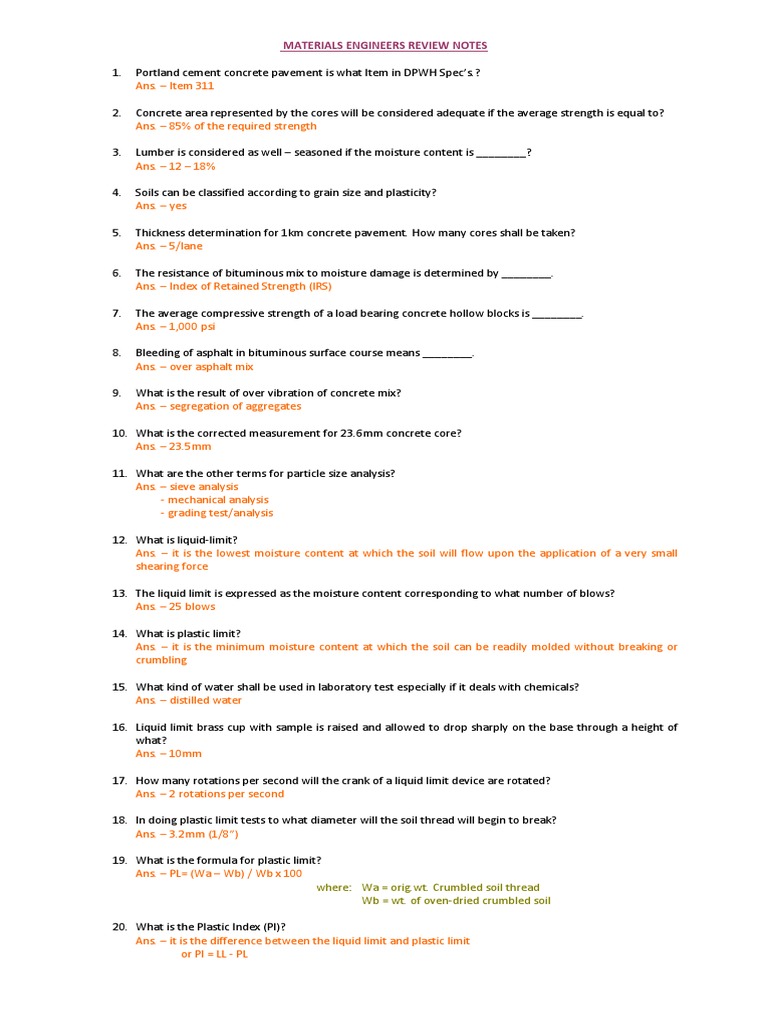 Materials Engineer Review Notes - 1 | PDF | Concrete | Road Surface