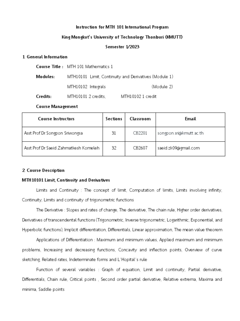 Instruction 101-1-2023 | PDF | Differential Calculus | Integral