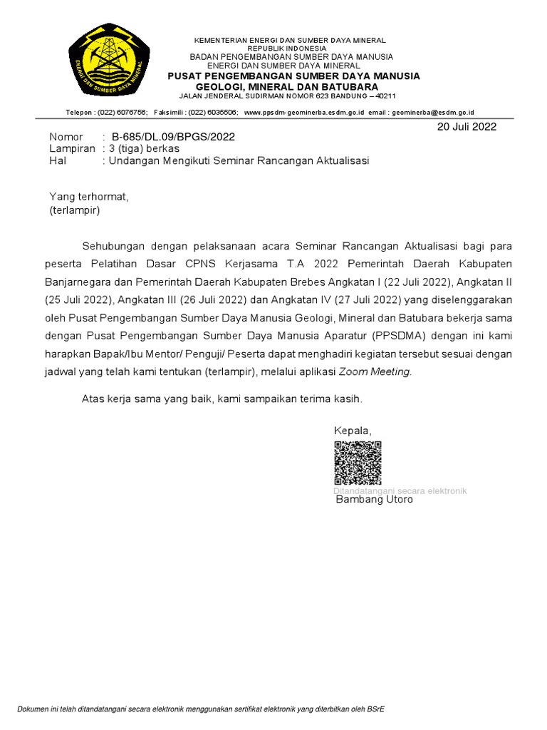 Surat Undangan Seminar RA Latsar CPNS 2022 | PDF