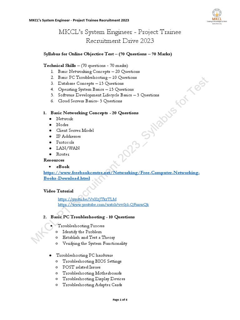 MKCL SystemEngineer PT2023 Syllabus | PDF | Cloud Computing | Databases