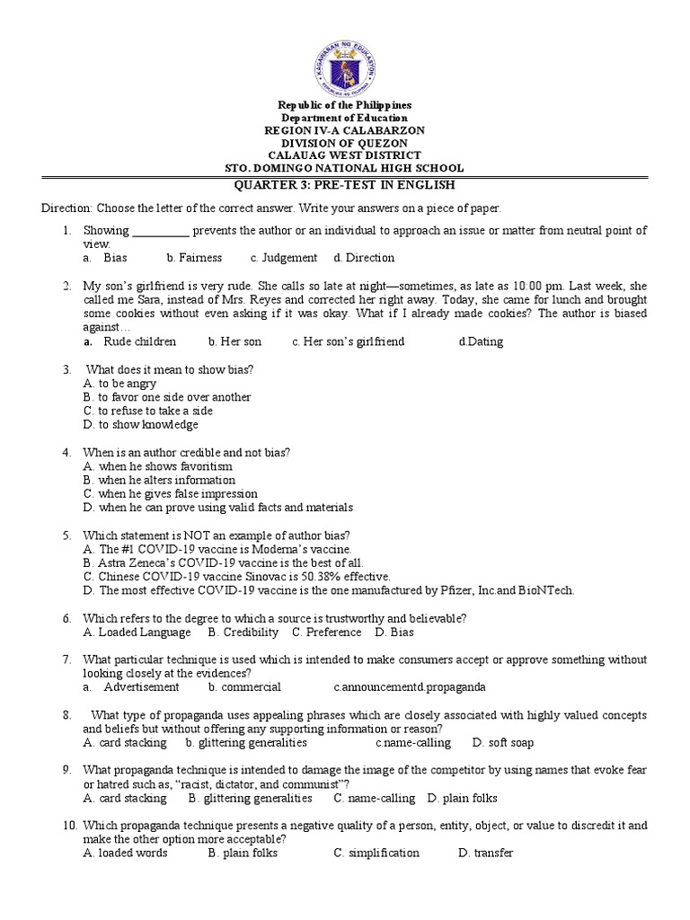Quarter 3: Pre-Test in English | PDF | Sita | Economics