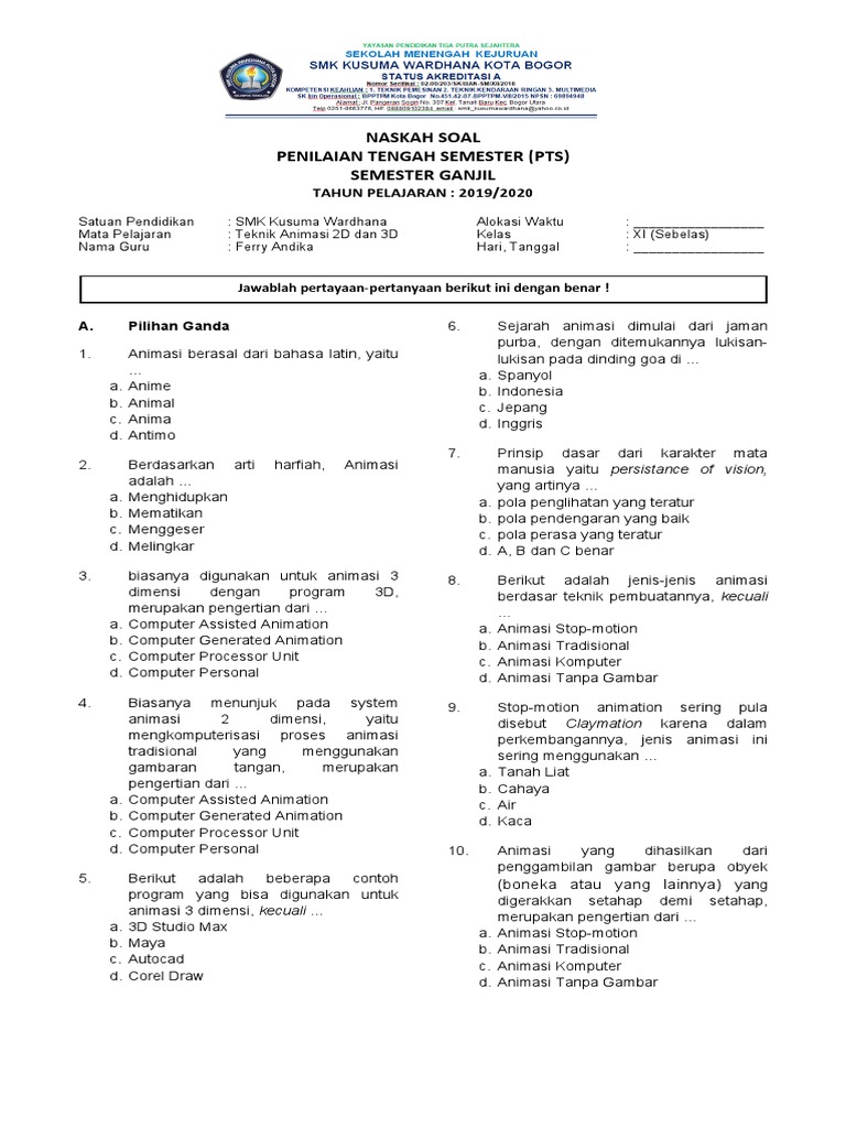KARTU SOAL PTS GANJIL Kelas 11 (Animasi) | PDF