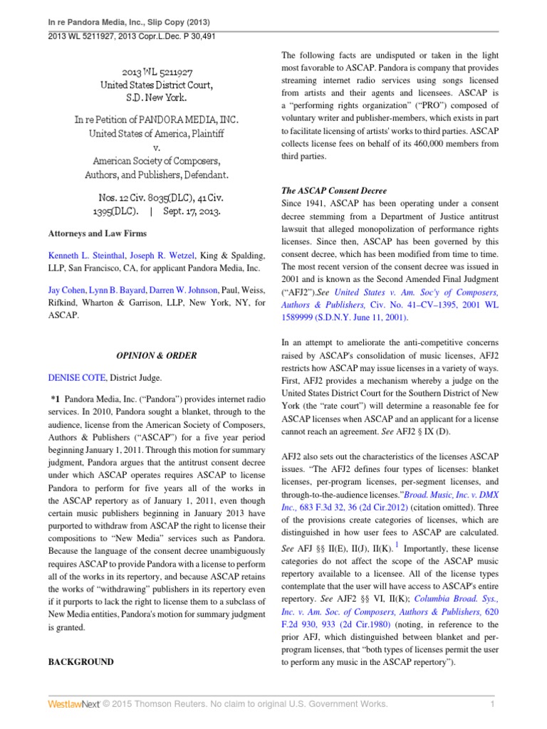 Pandora Media Inc Judge Cote SJ Order | PDF | Copyright | Summary Judgment
