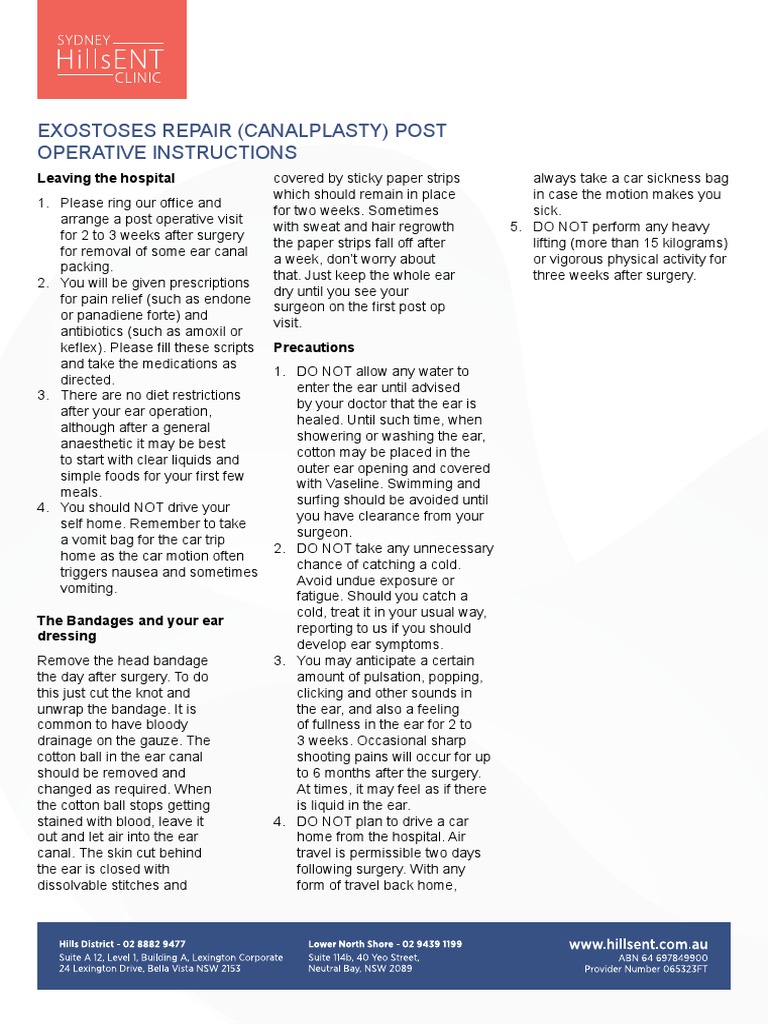 Exostoses Repair Canalplasty Post Operative Instructions Sydney Hills