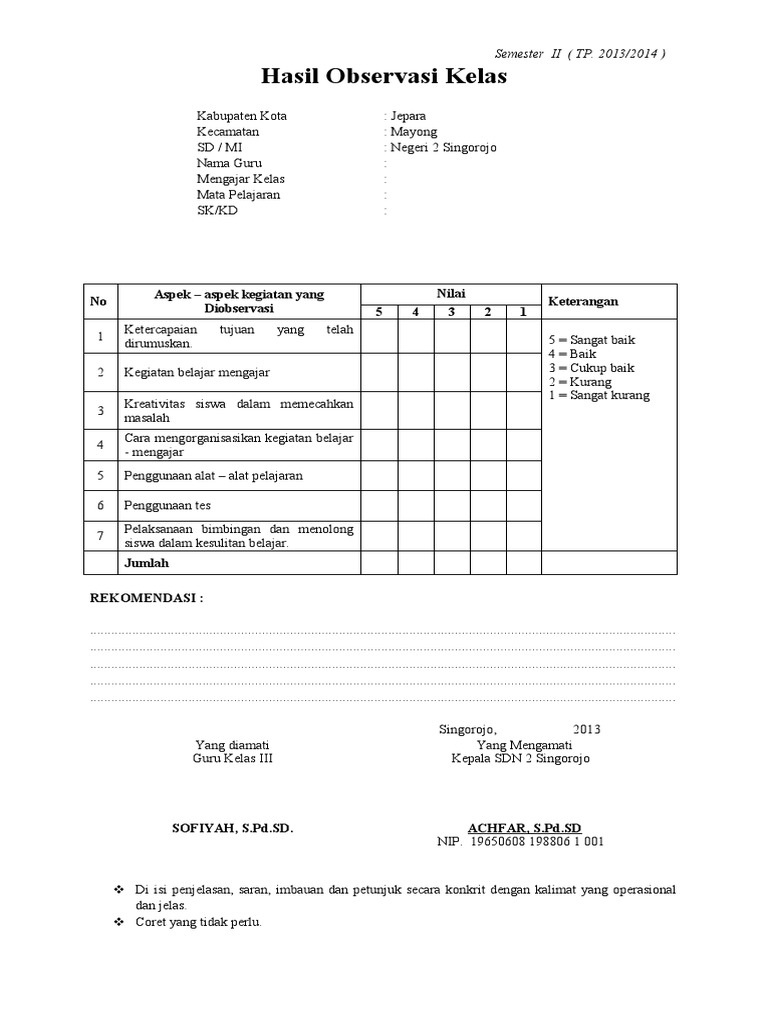 Hasil Observasi Kelas SDN 2 Singorojo | PDF