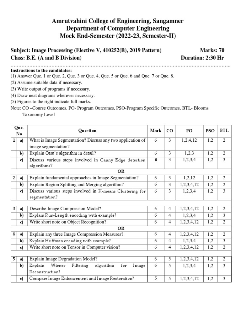Mock Endsem Question Paper Image ProcessingElective V INSEM SEM | Download Free PDF | Image ...