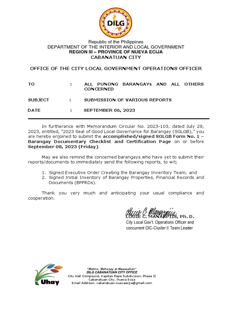 DILG Advisory PB Various Reports 2023 Sep 06 | PDF
