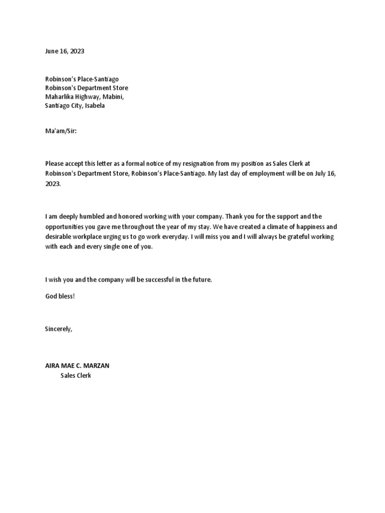 Resignation Letter from Sales Clerk | PDF
