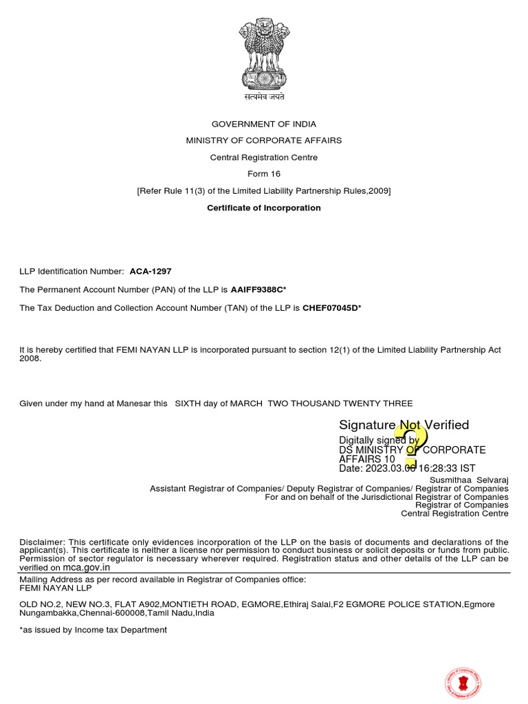 Certificate of Incorp - FEMI NAYAN LLP | PDF