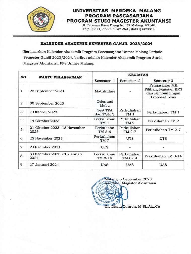 Kalender Akademik M. Akuntansi Ganjil 2023-2024 | PDF