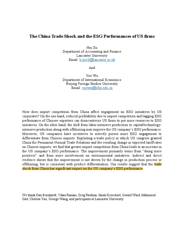 The China Trade Shock and ESG of US | PDF | Employment | China