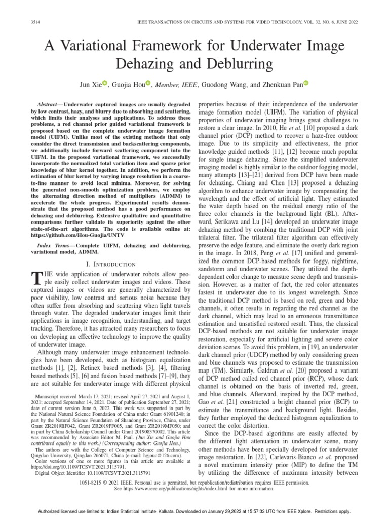 A Variational Framework For Underwater Image Dehazing and Deblurring | PDF