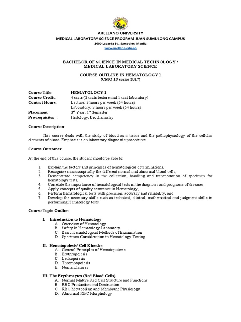 Course Outline Hematology 1 | PDF