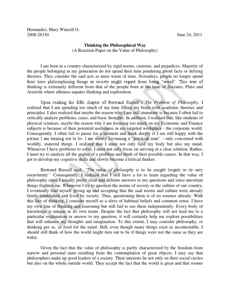 Reaction Paper - Chapter XV - The Value of Philosophy - Protected ...